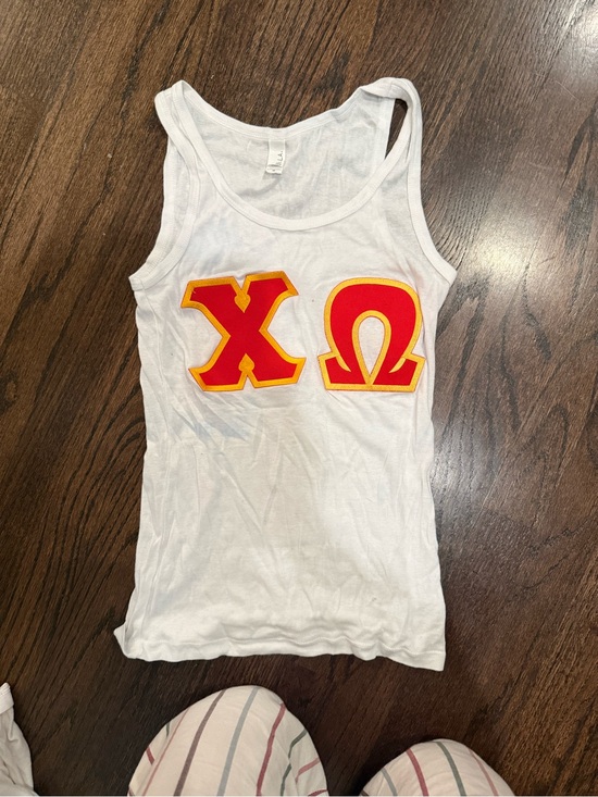 Bella. | Tops | White Tank Top With Red Gold Greek Letters Chi Omega ...